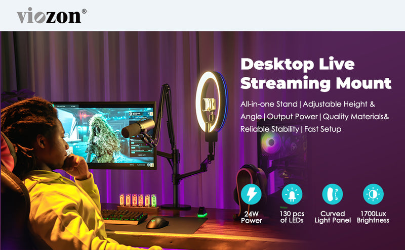 Viozon Selfie Desktop Live Stand Set with 12" LED Ring Light Overhead ...